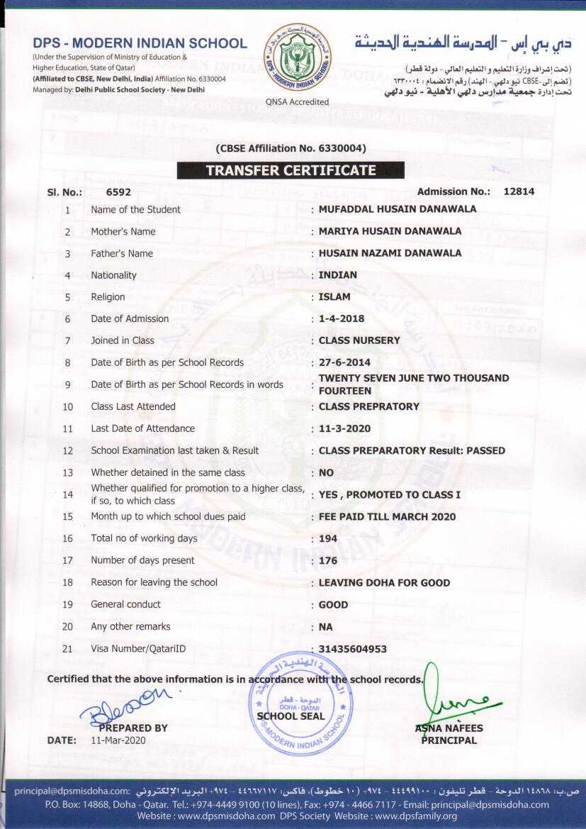 Transfer Certificates DPS Doha